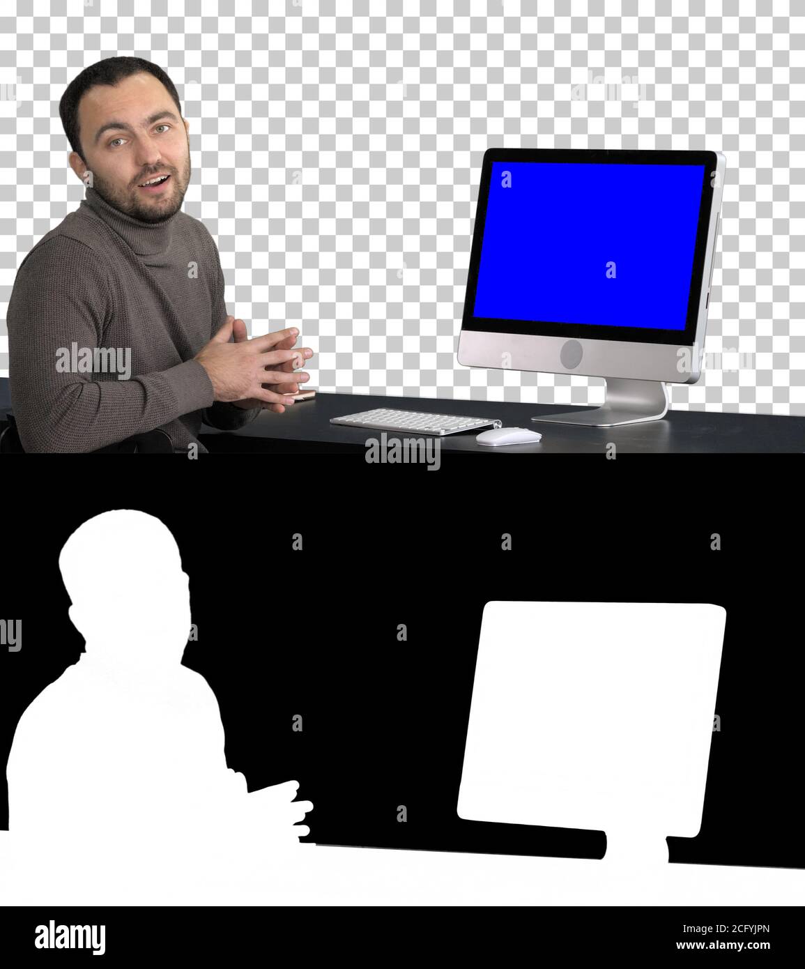 Casual businessman smiling and talking at the camera showing something ...