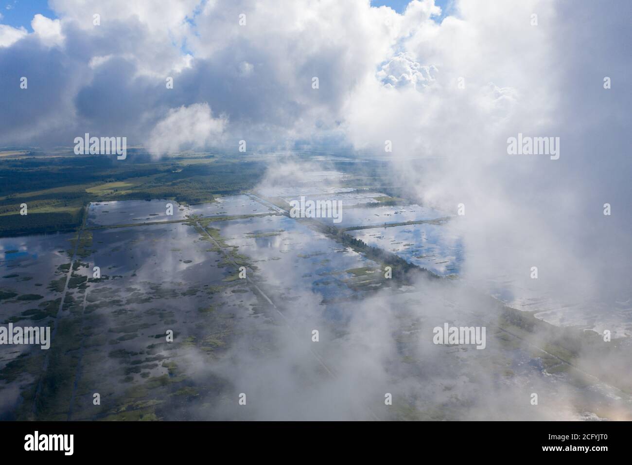 Aerial view of flooded Seda swamp (Sedas purvs) water lakes and clouds ...