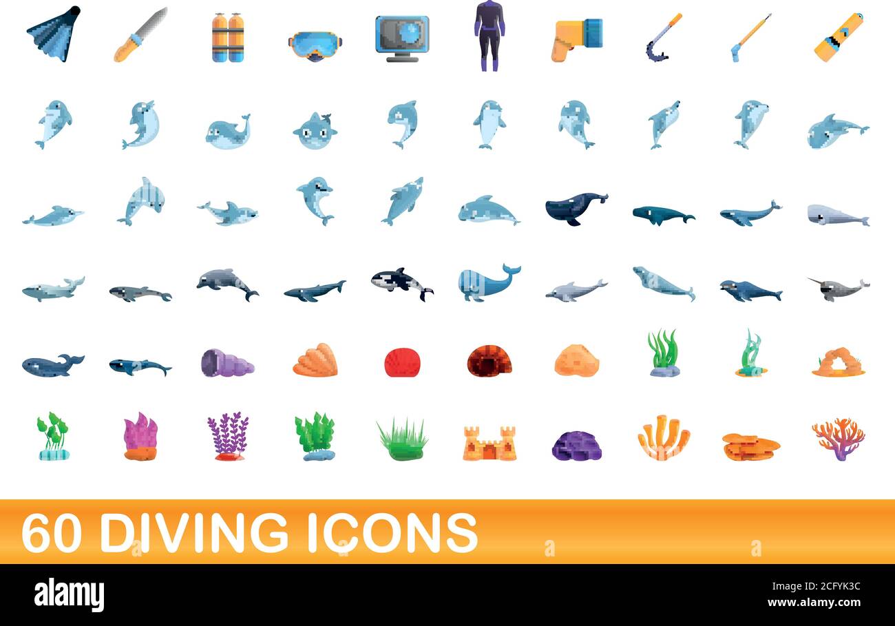 60 diving icons set. Cartoon illustration of 60 diving icons vector set ...