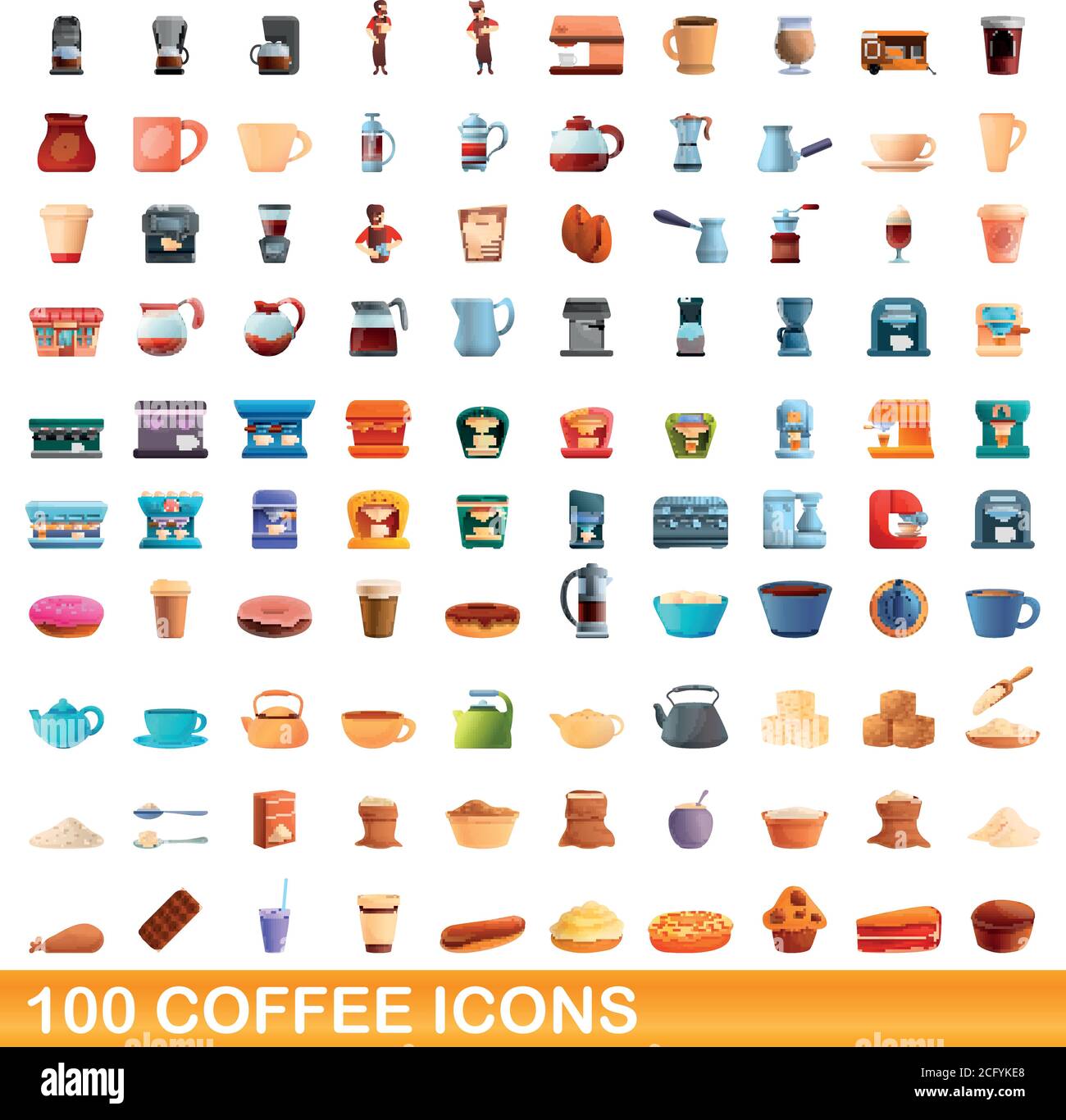 100 coffee icons set. Cartoon illustration of 100 coffee icons vector ...