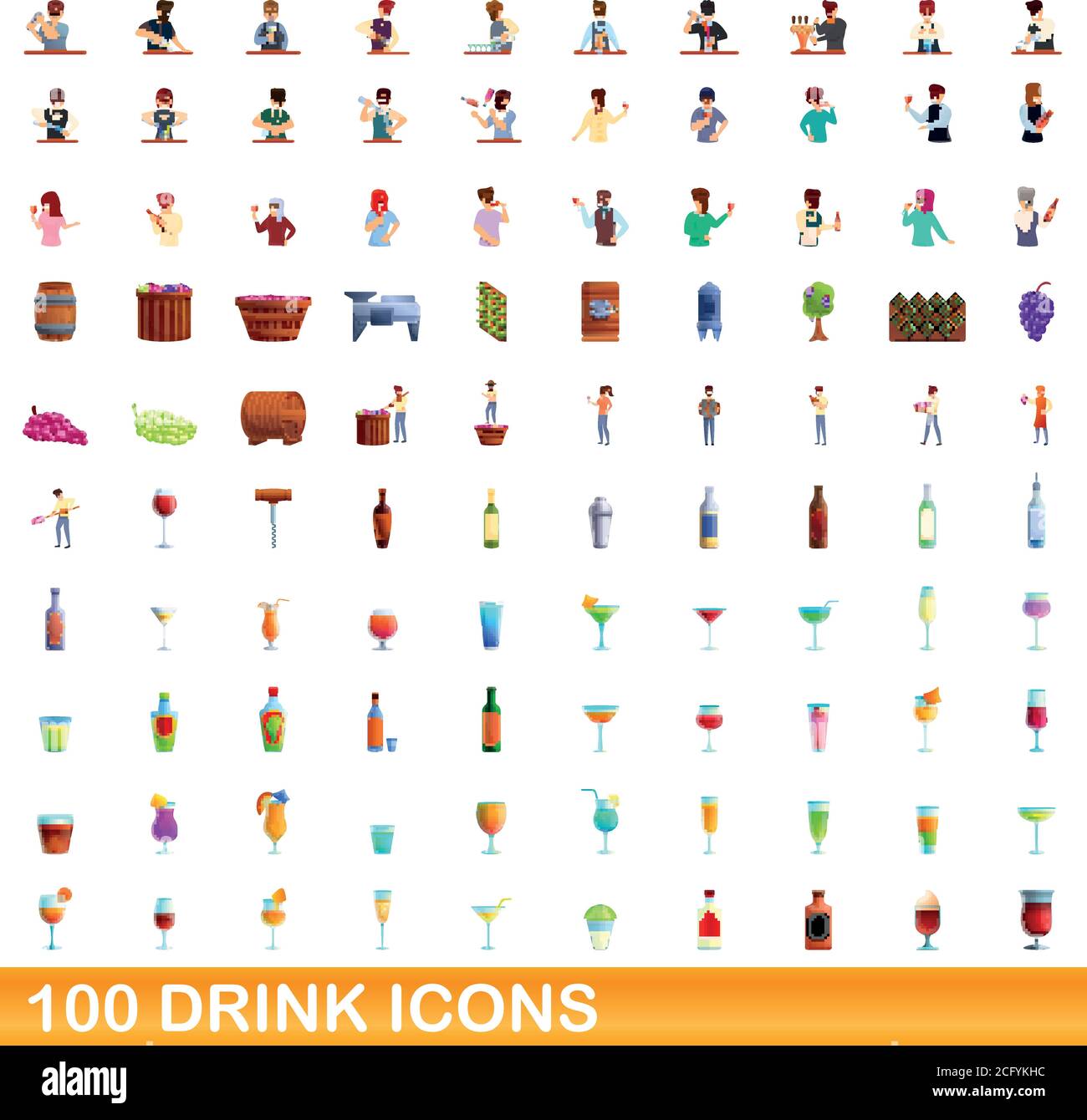 100 drink icons set. Cartoon illustration of 100 drink icons vector set ...