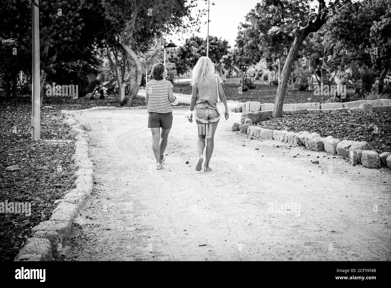 Two friends walking in a park talking, back view, black and white Stock ...