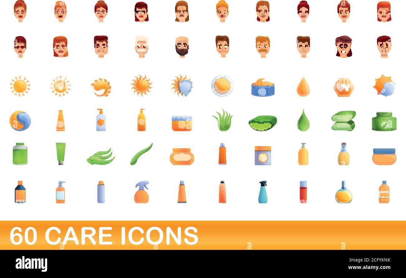 60 care icons set. Cartoon illustration of 60 care icons vector set ...