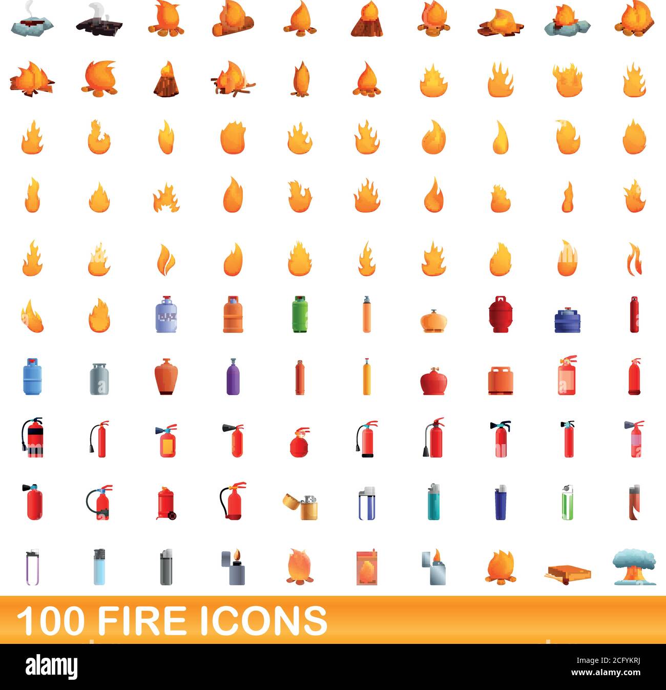 100 fire icons set. Cartoon illustration of 100 fire icons vector set ...
