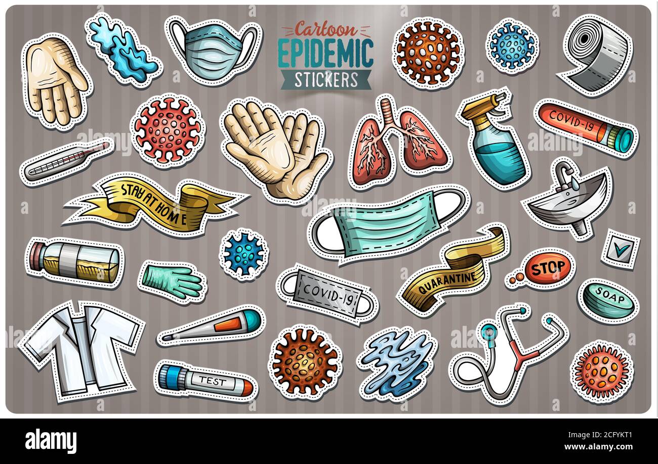 Doodle cartoon set of Epidemic theme stickers Stock Vector Image & Art ...
