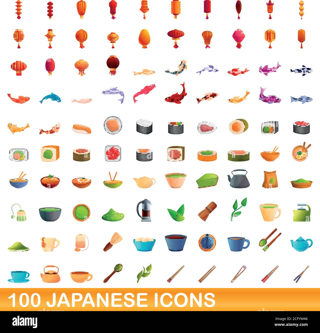 100 japanese icons set. Cartoon illustration of 100 japanese icons ...