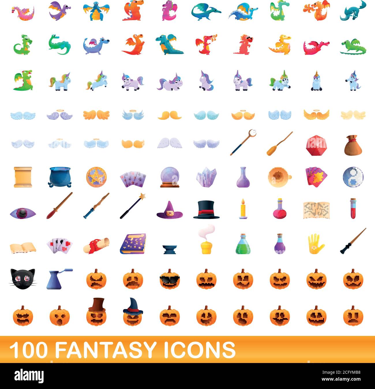 100 fantasy icons set. Cartoon illustration of 100 fantasy icons vector ...