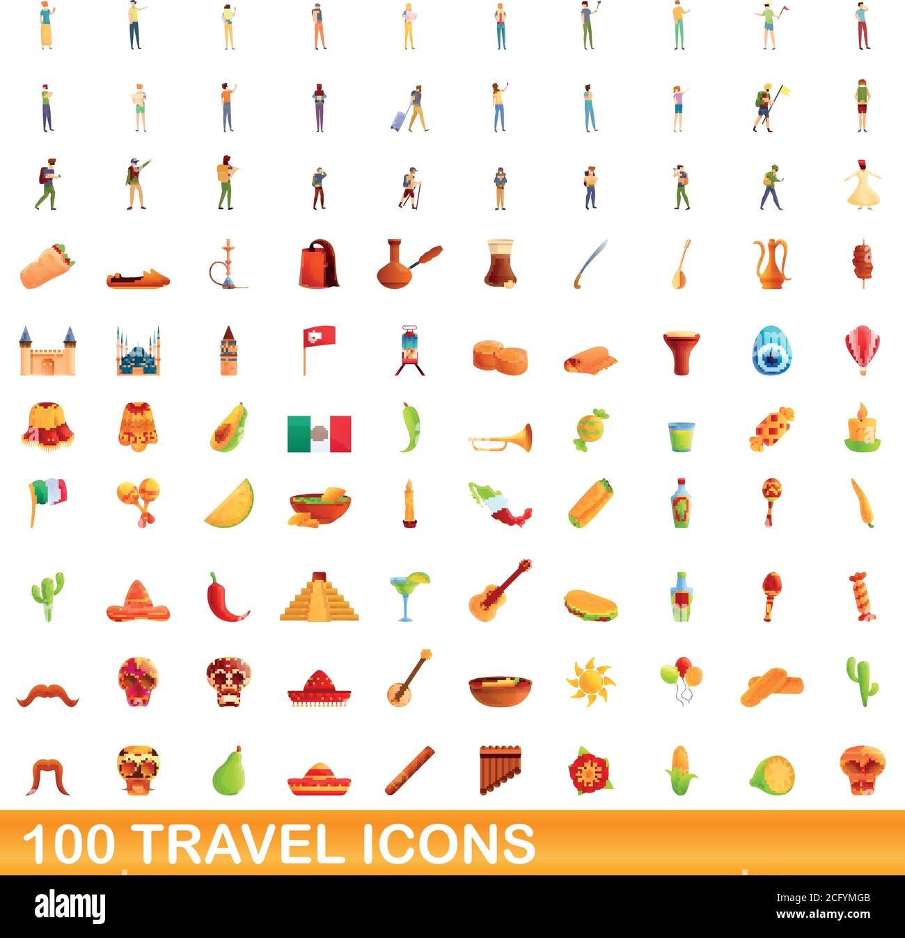 100 travel icons set. Cartoon illustration of 100 travel icons vector ...