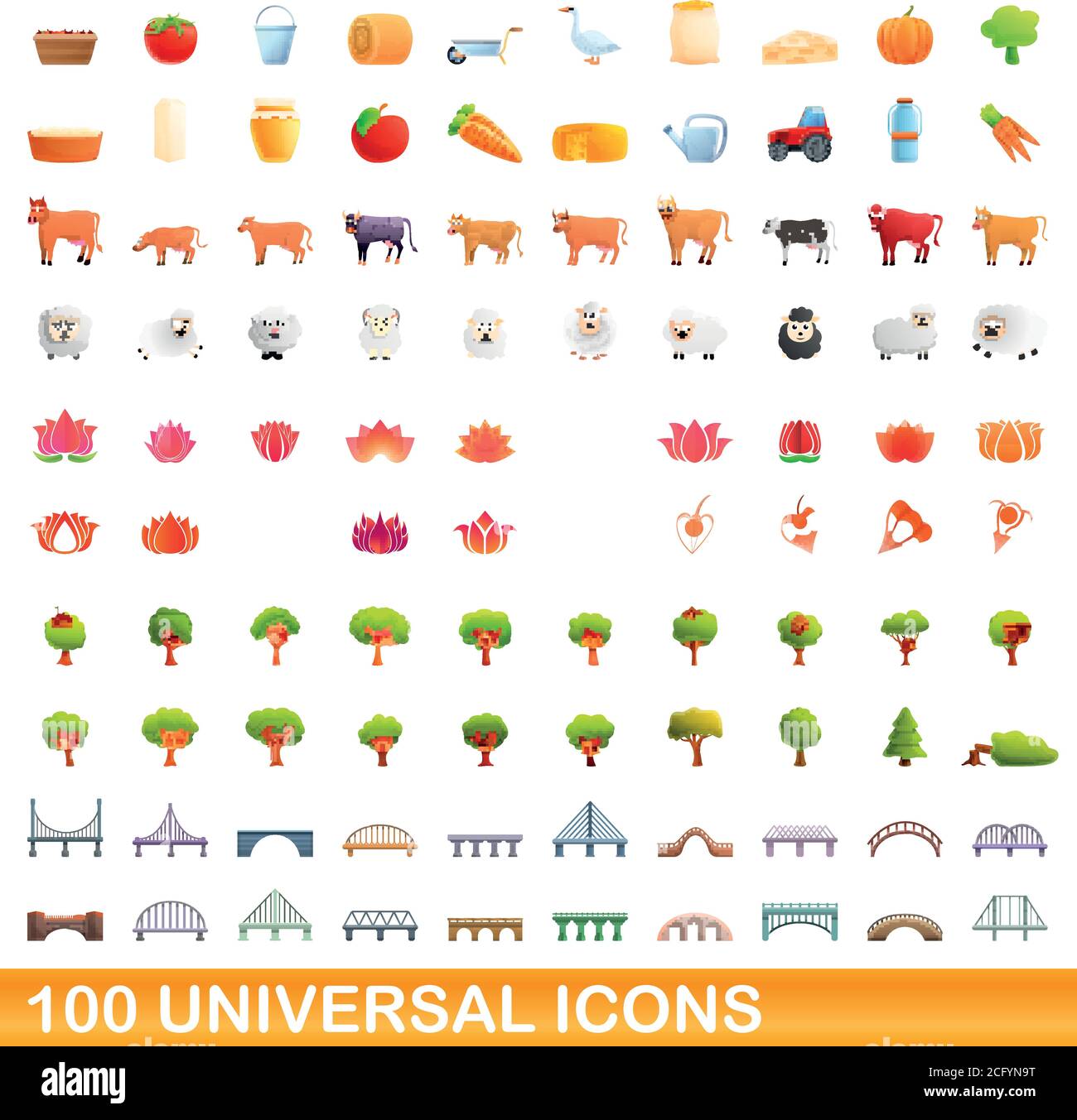100 universal icons set. Cartoon illustration of 100 universal icons ...