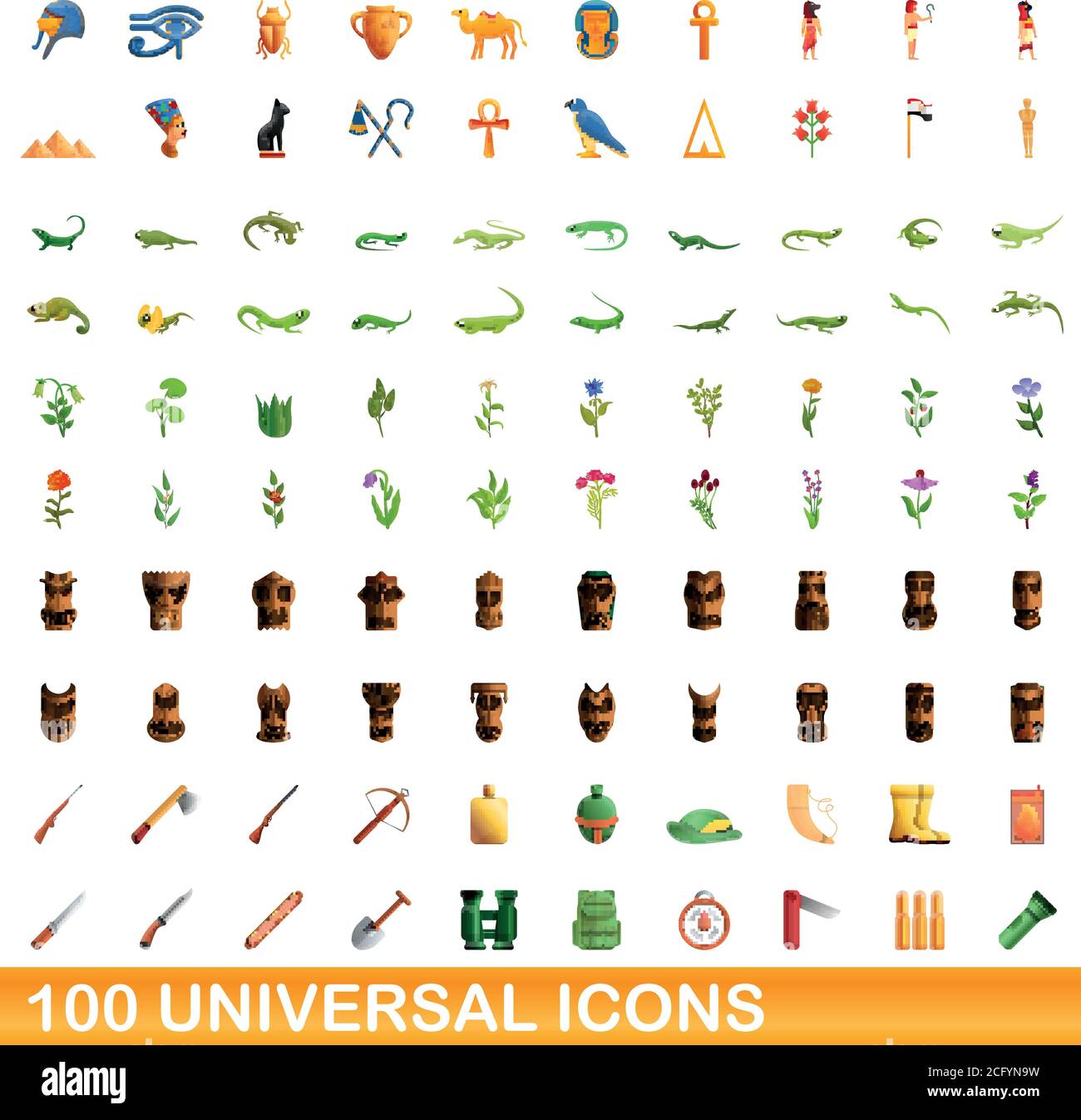 100 universal icons set. Cartoon illustration of 100 universal icons ...