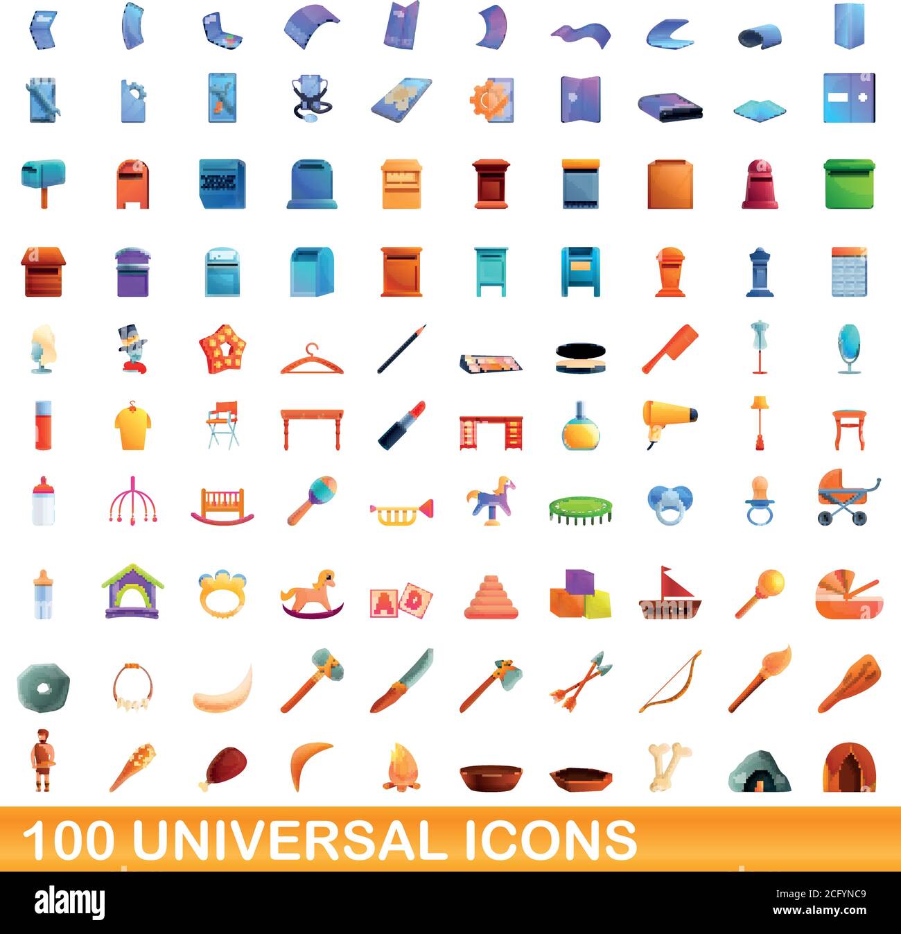 100 universal icons set. Cartoon illustration of 100 universal icons ...