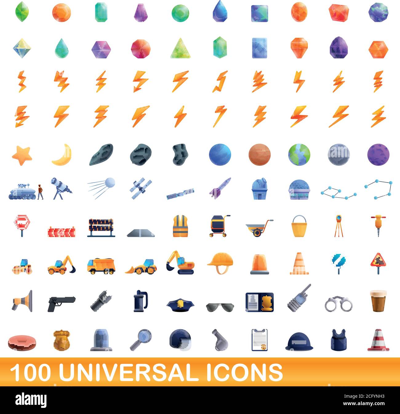 100 universal icons set. Cartoon illustration of 100 universal icons ...