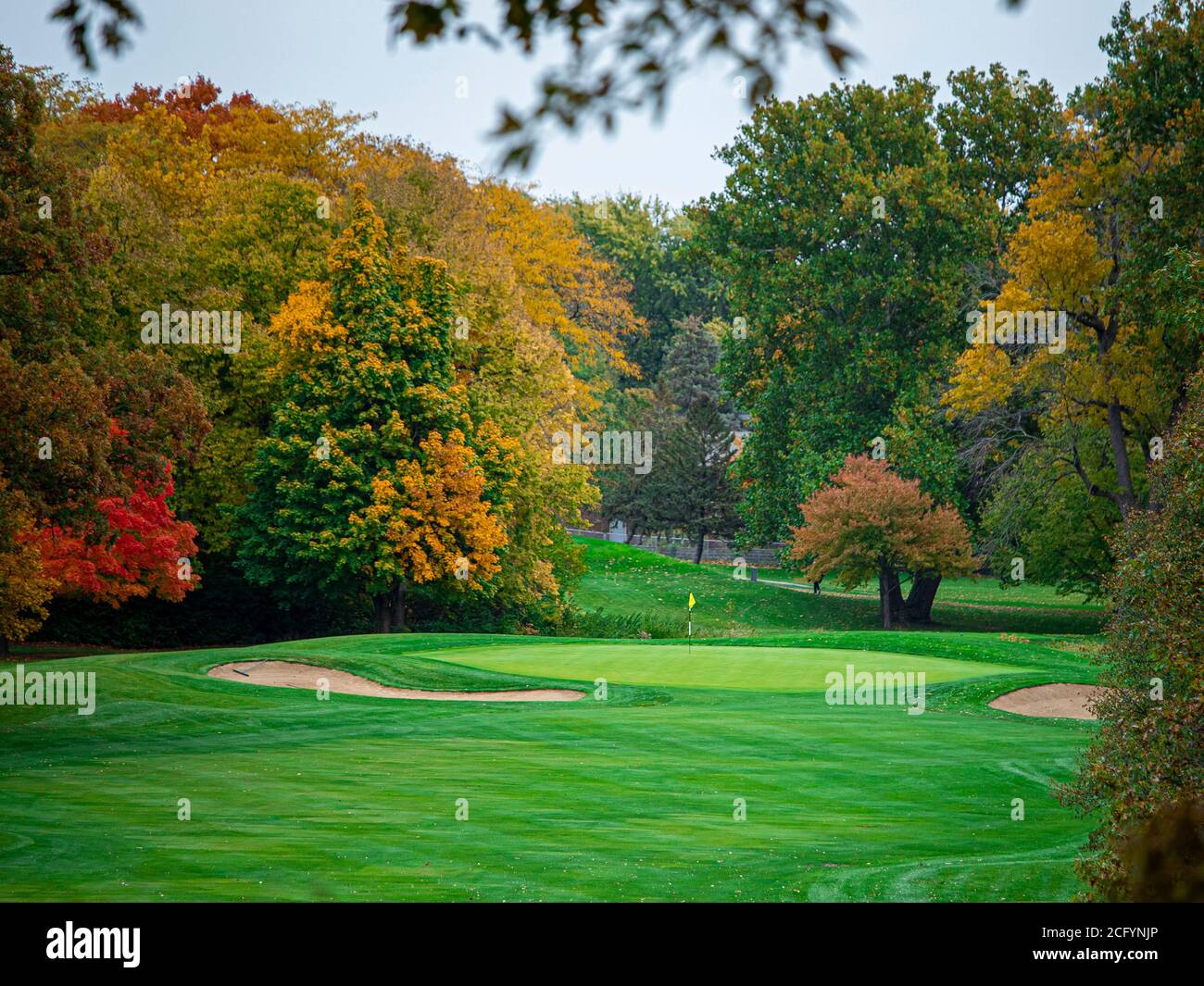 Golf course with colorful trees during the fall season. Autumn and this ...