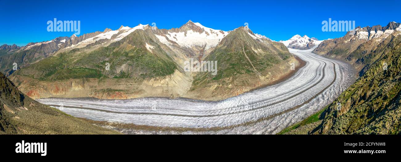 Banner panorama of largest glacier in the Alps, the Aletsch Arena ...