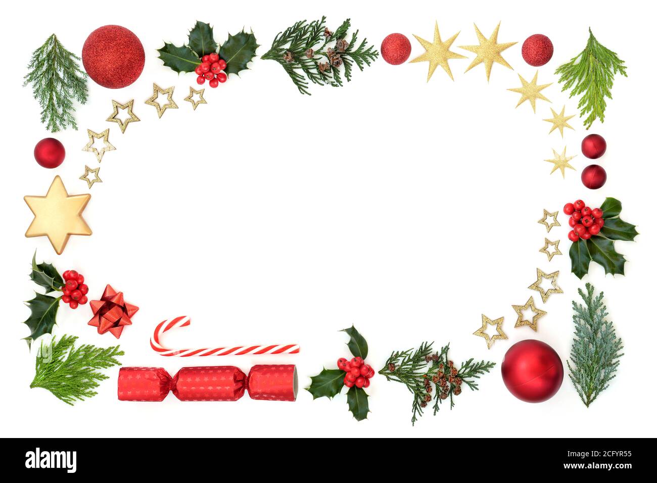 Christmas border composition with winter holly & flora with bauble ...