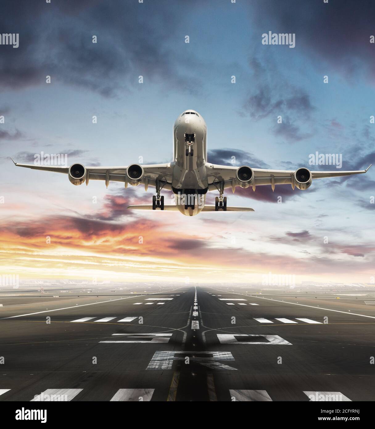 Huge two storeys commercial jetliner taking of runway. Modern and ...