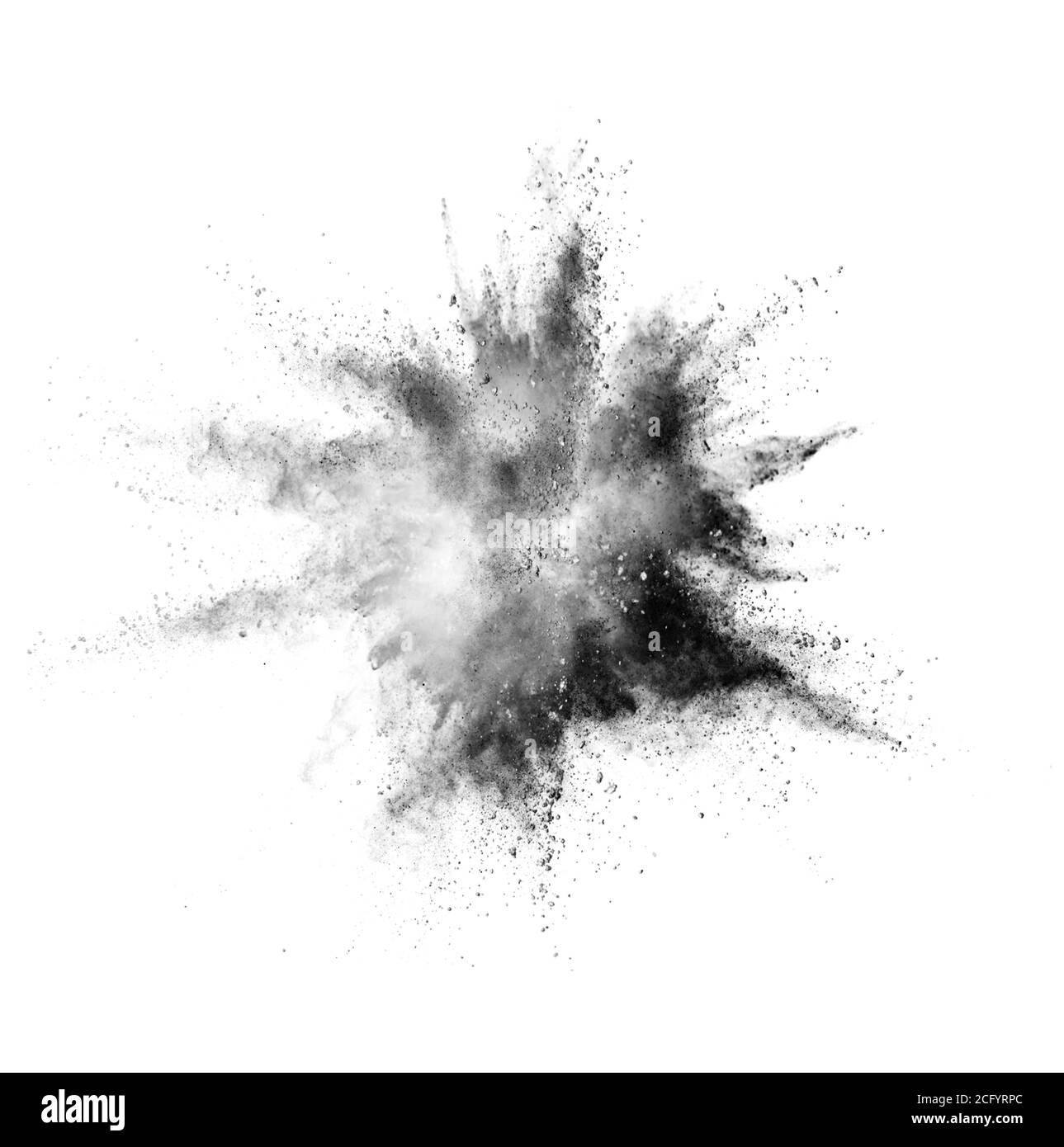 Explosion of black powder isolated on white background. Abstract ...