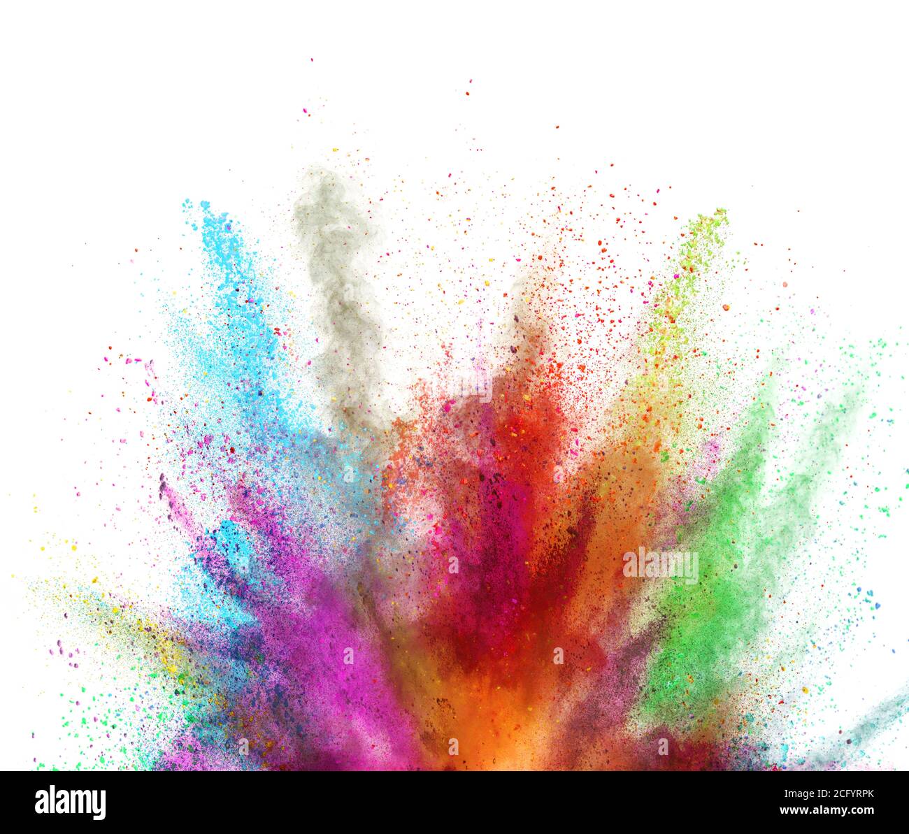 Multi colored powder explosion isolated on white background. Freeze ...