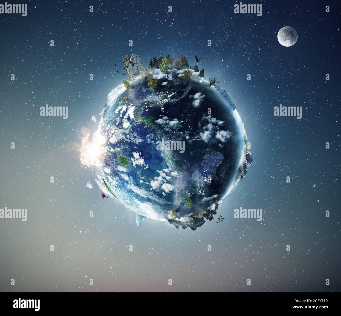 Full view of planet Earth from the space. Half day and night concept ...
