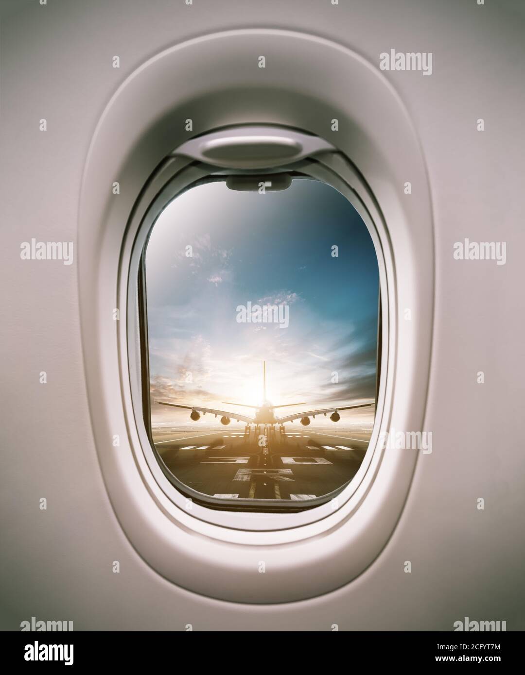 Airplane window view to runway with huge airplane. Concept of modern ...