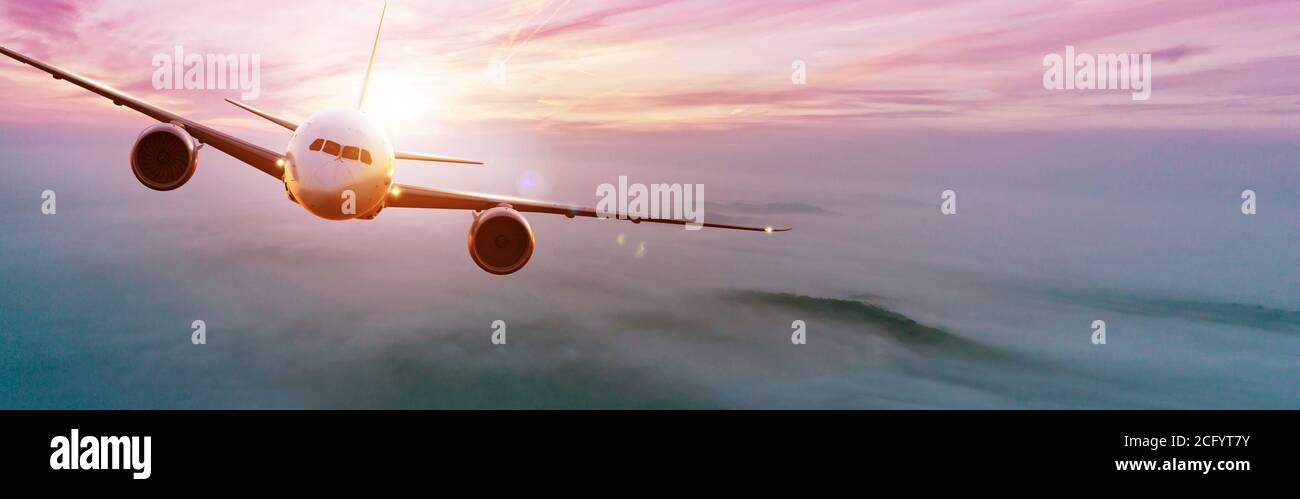 Commercial airplane flying over dramatic sunset sky. Jet plane is the ...