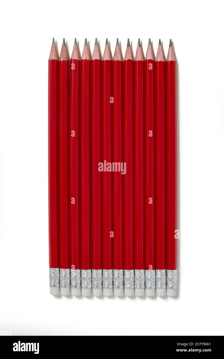 Overhead view of red pencils with eraser on white background Stock ...