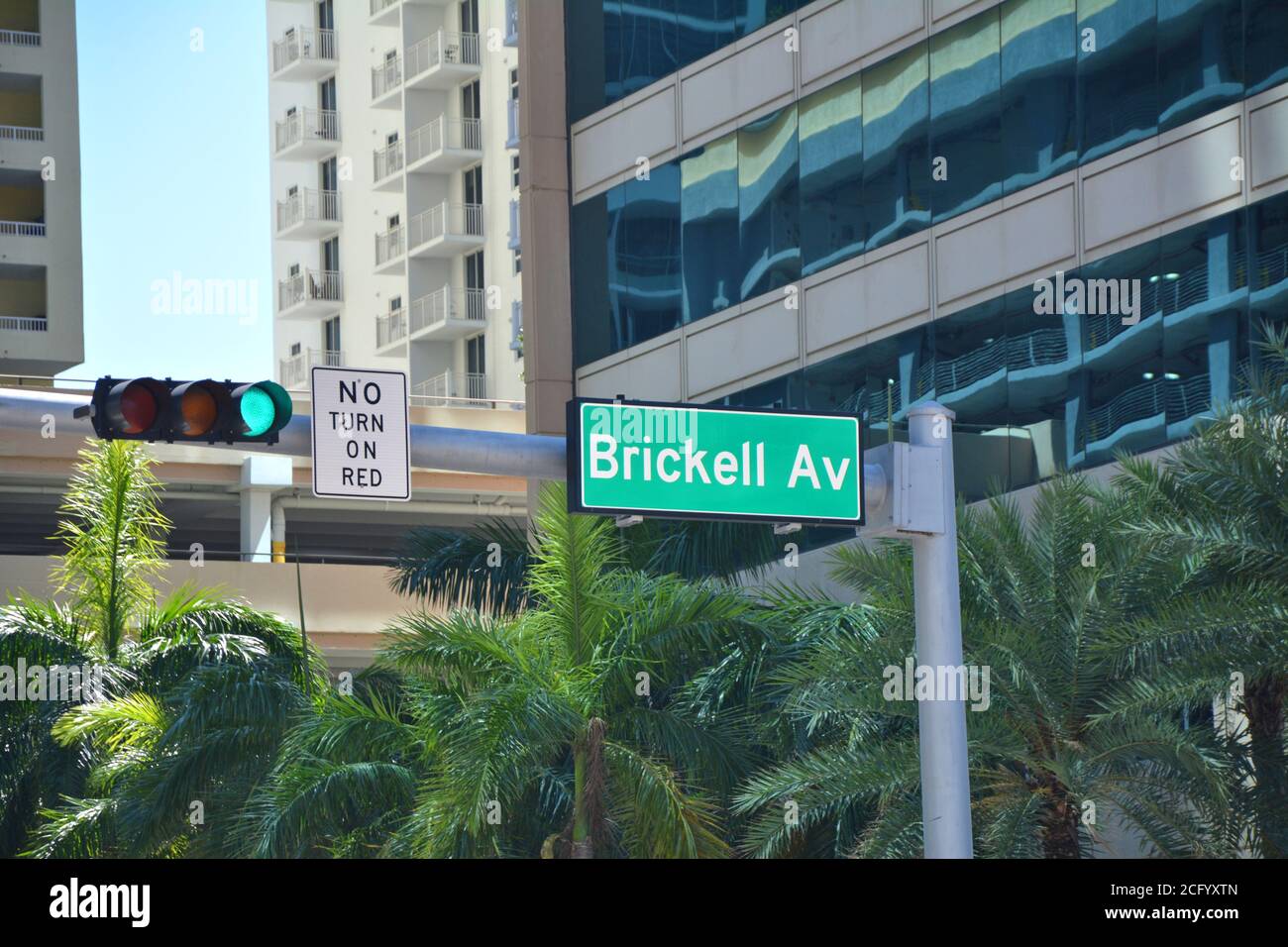 Miami Downtown Brickell Avenue sign board on street lights Stock Photo ...