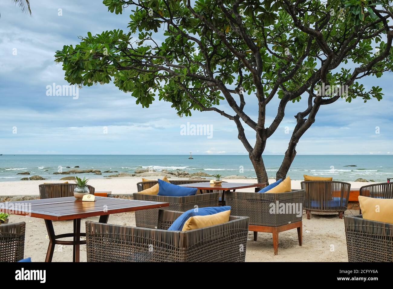 View to Alfresco cafe with cozy rattan furniture and plumeria tree on ...