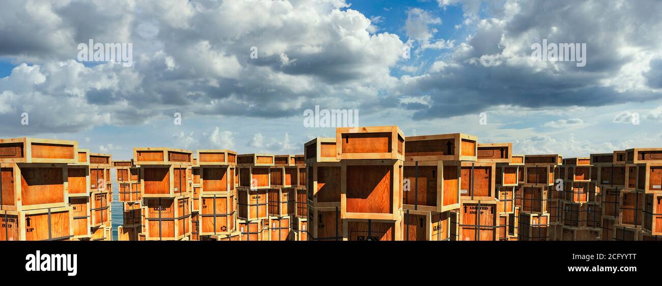 3d illustration, wooden boxes and sky Stock Photo - Alamy