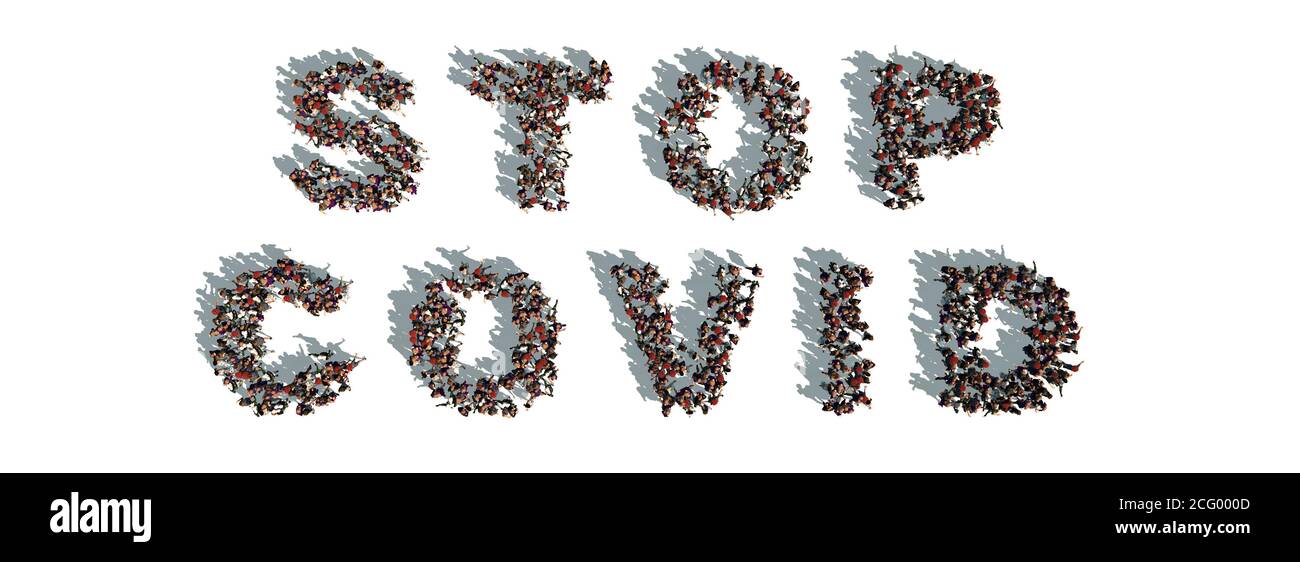 3d illustration of crowd forming a word, stop covid Stock Photo - Alamy