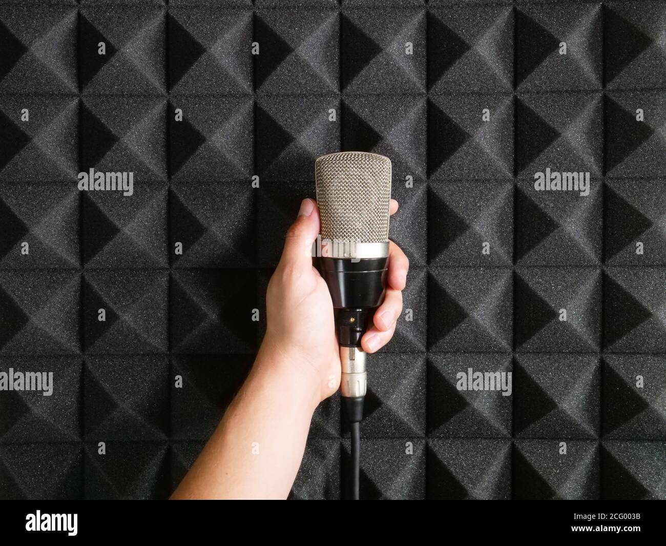Hand holding microphone against professional acoustic foam Stock Photo ...