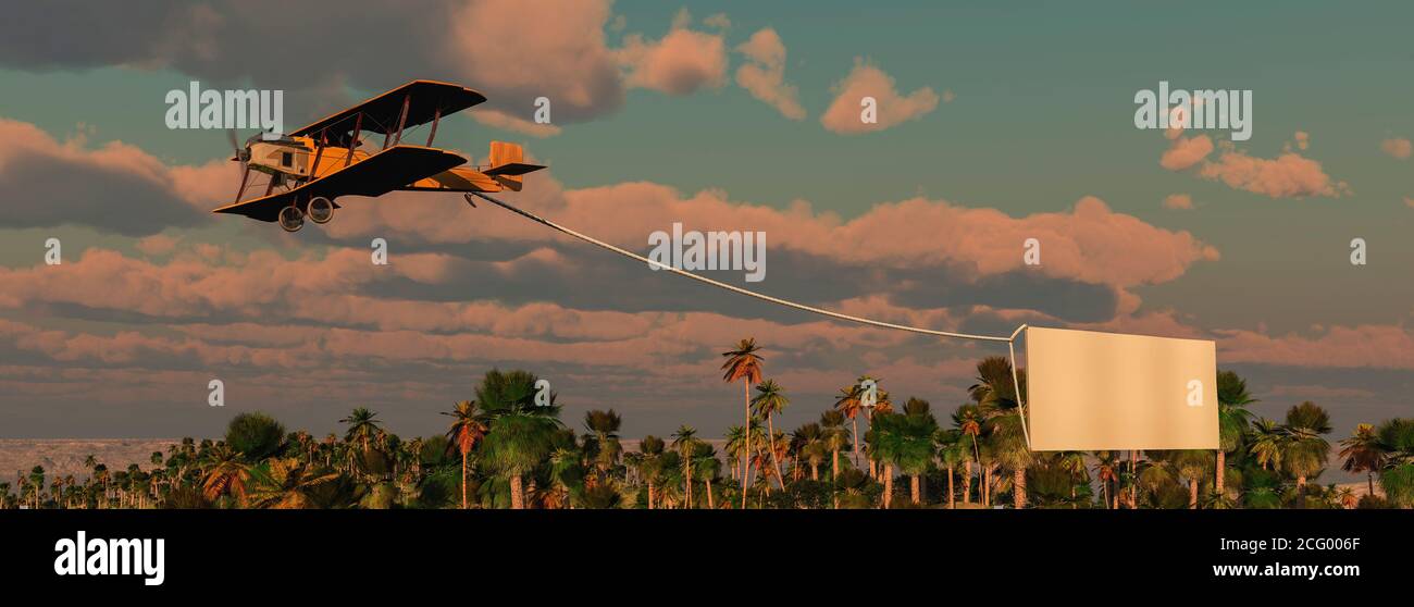 3d illustration of a biplane with an advertising sign Stock Photo - Alamy