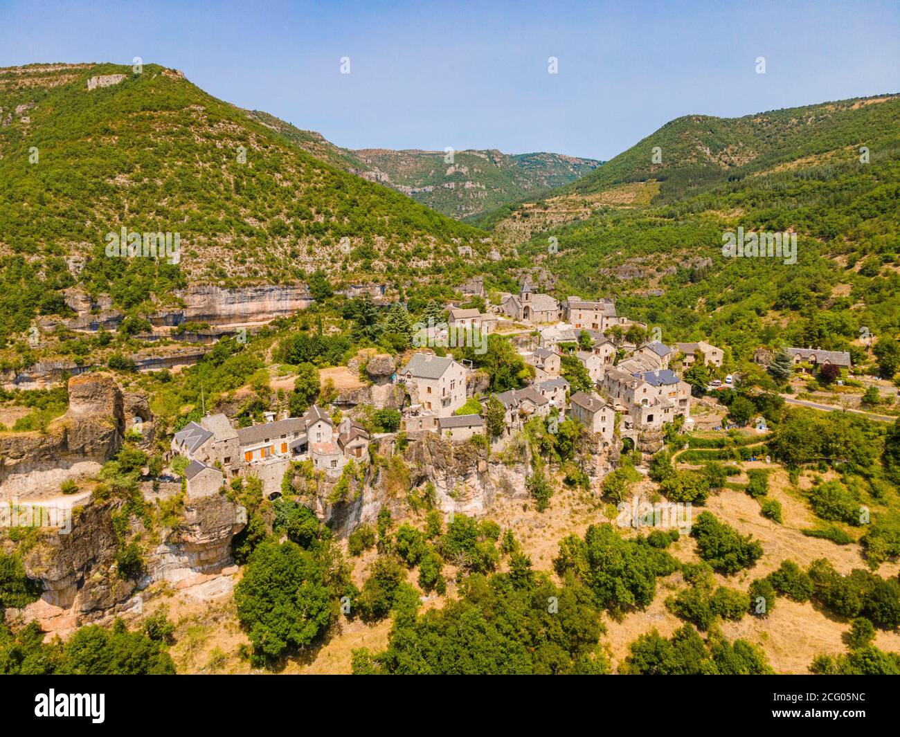France, Aveyron, Gorges de la Dourbie, the perched village of Cantobre ...