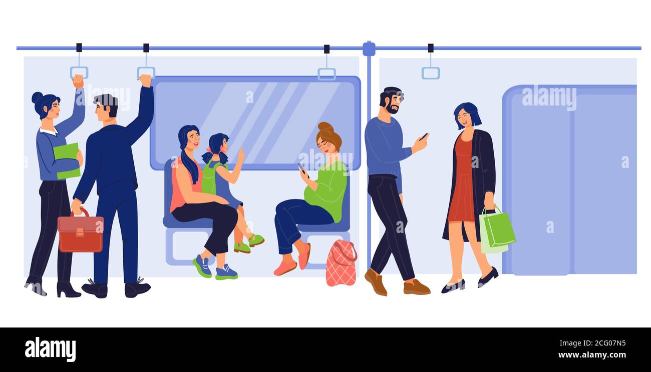 Subway or suburban train carriage with passengers cartoon characters ...