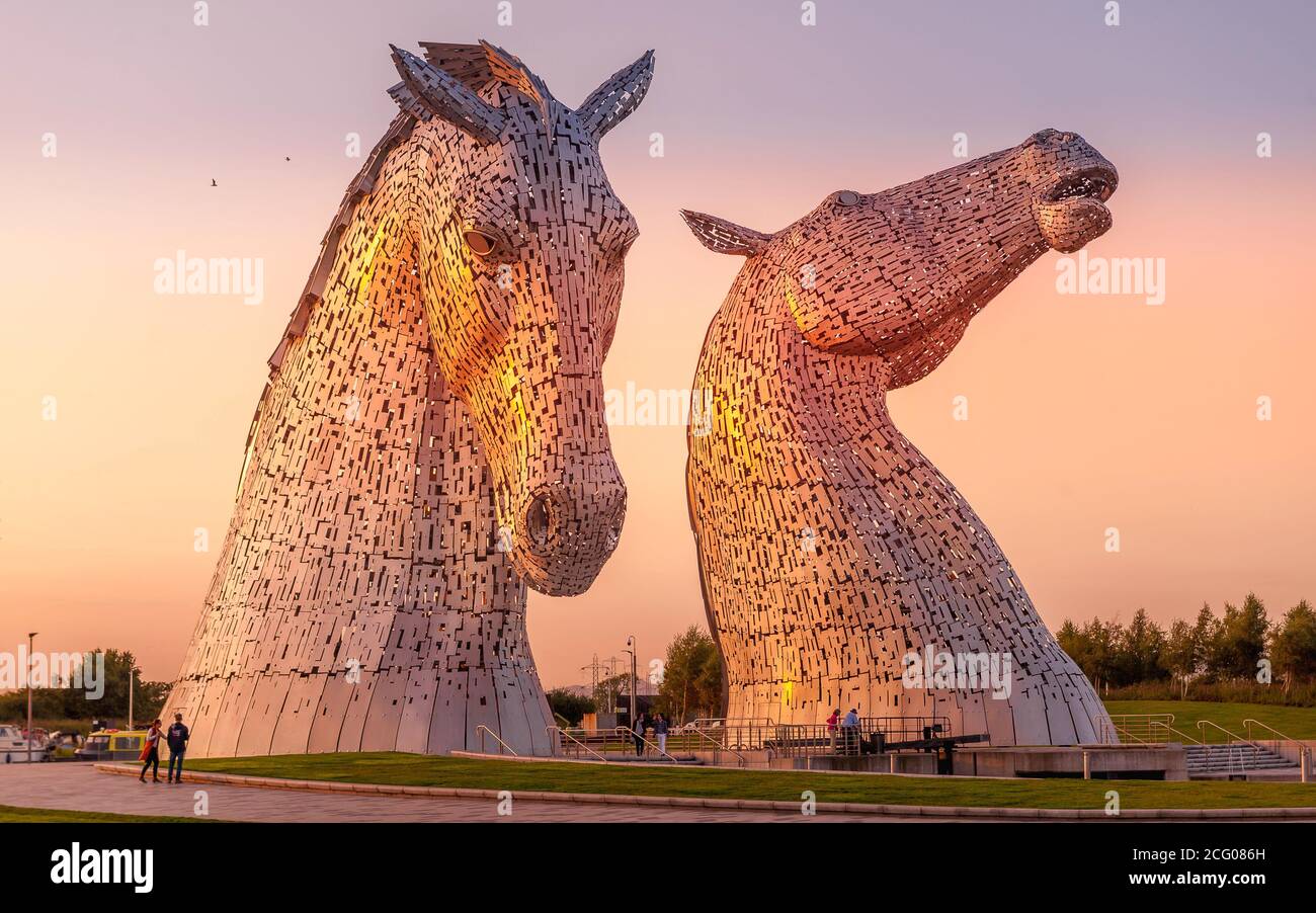 A sunset view of The Kelpies at the Helix, Falkirk. Scotland. The ...