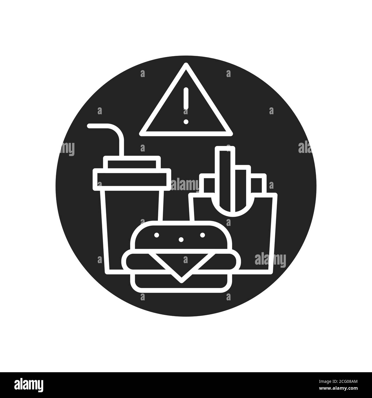 Caution junk food black glyph icon. Cause diseases gastric tract. Sign ...