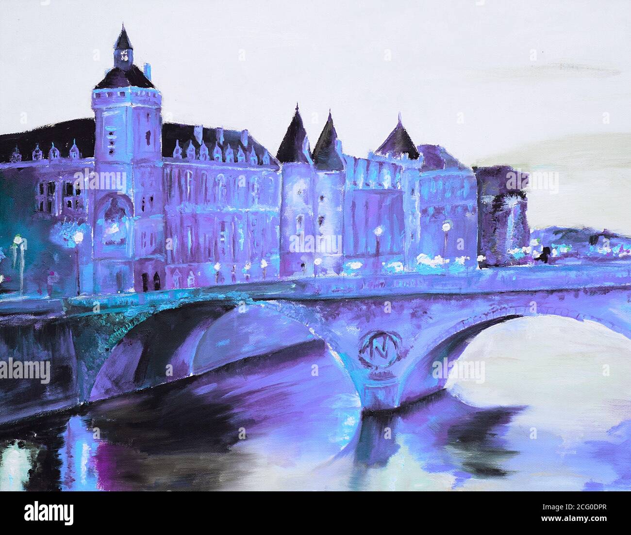 Original painting of ancient cityscape in purple colors. Texture oil ...