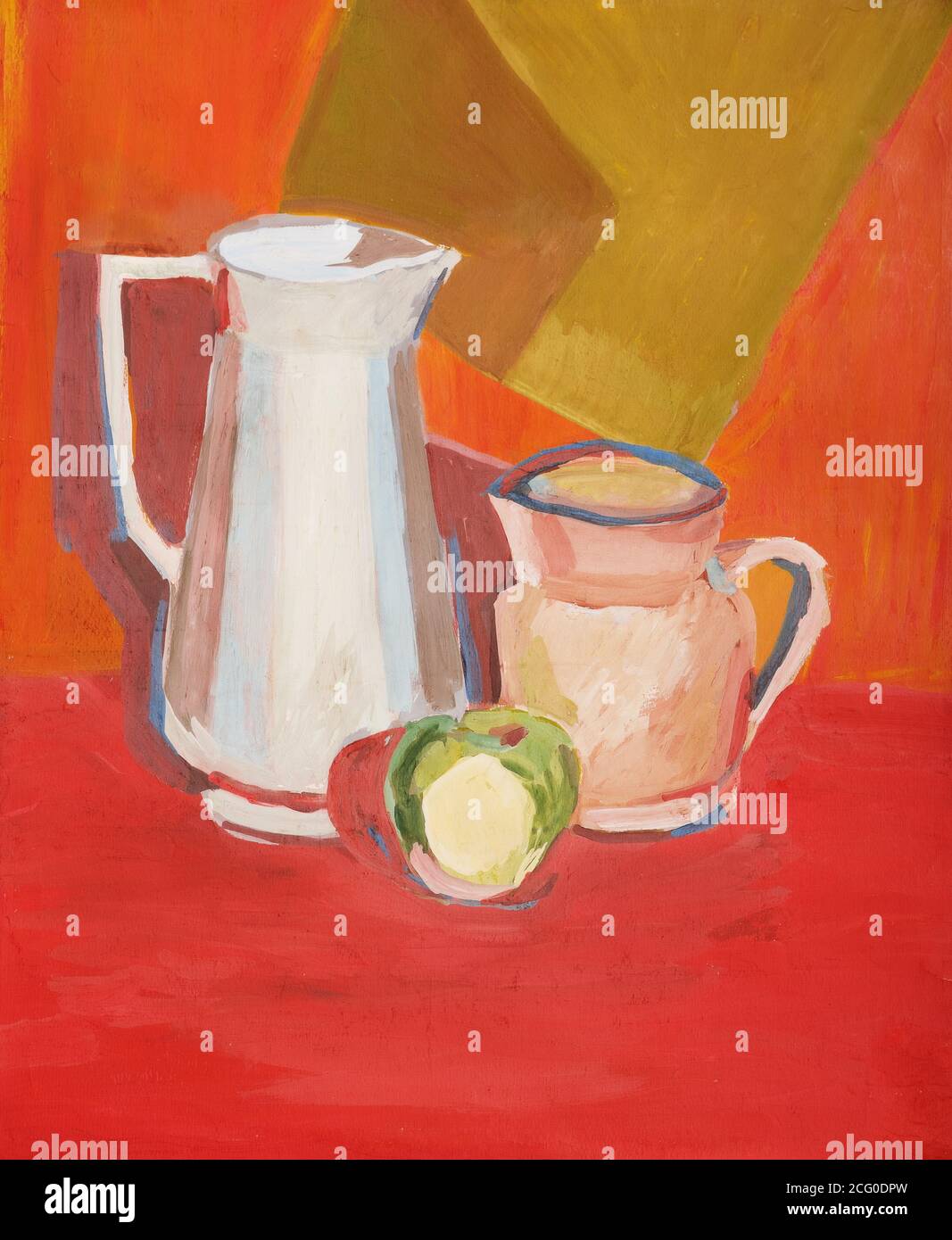 Still life illustration with a two pitchers and a one green apple in ...