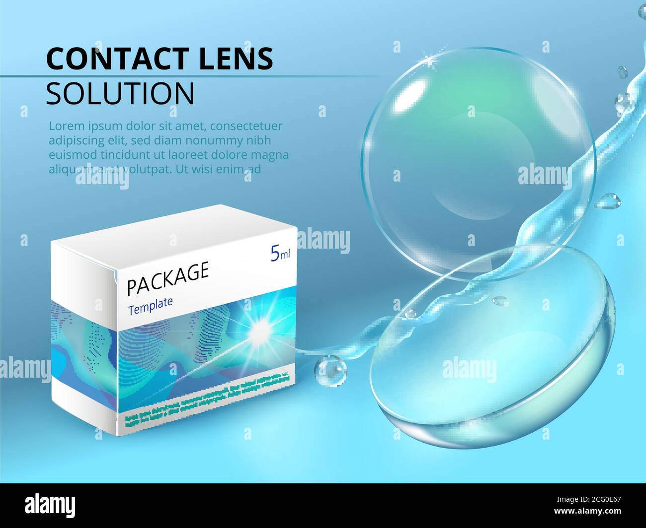 Ads template with realistic contact lens, water splash and medicine ...