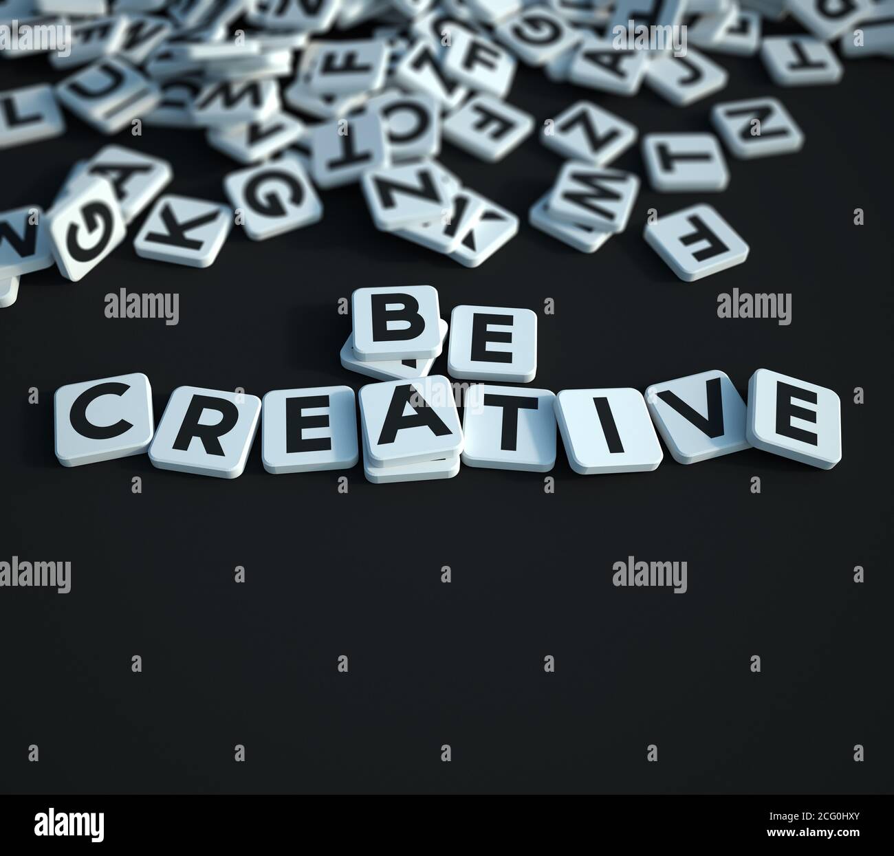 3D rendering of a background with scattered letter tiles with a small ...