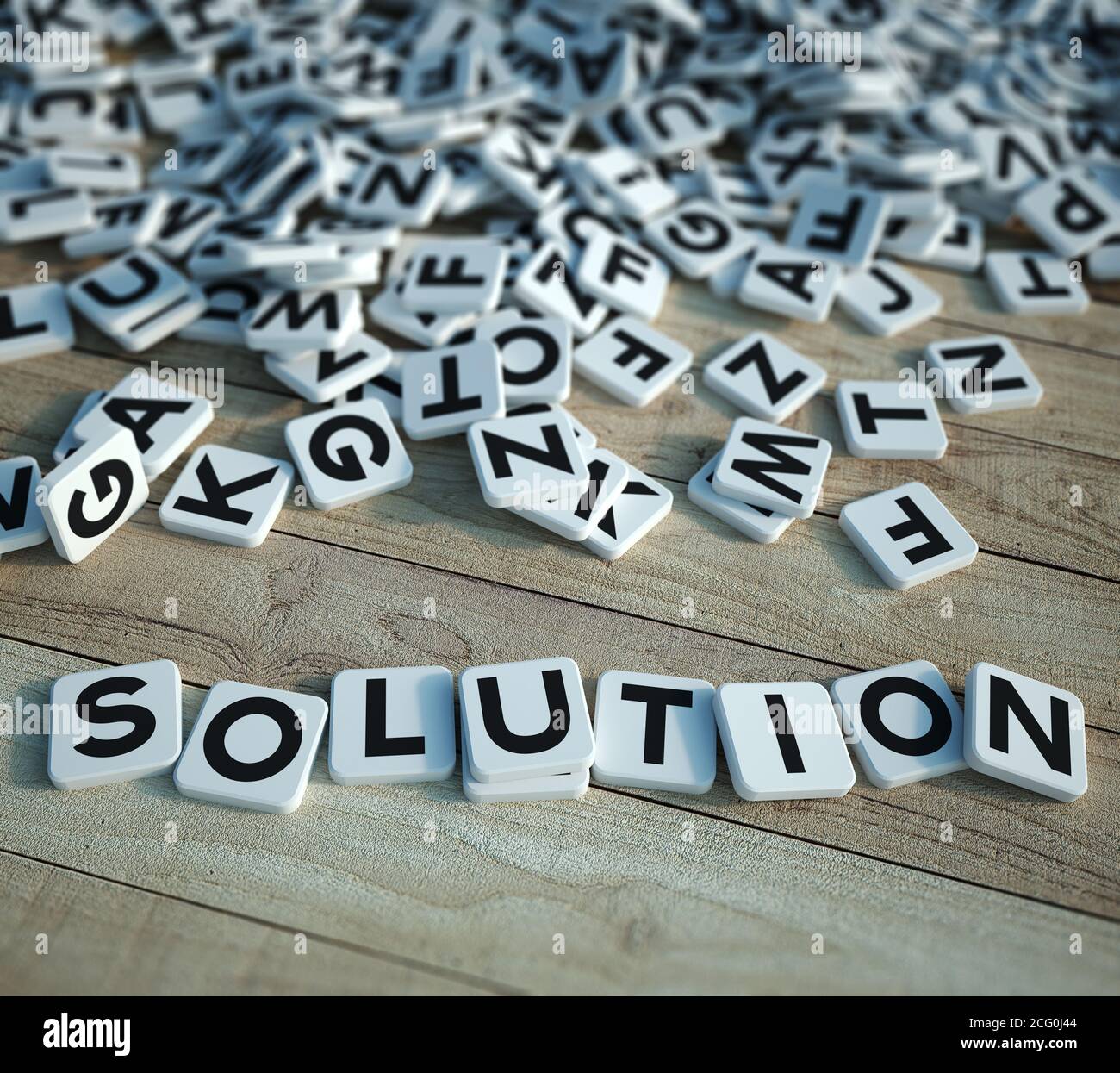 3D rendering of the word solution writen with letter tiles on wooden ...