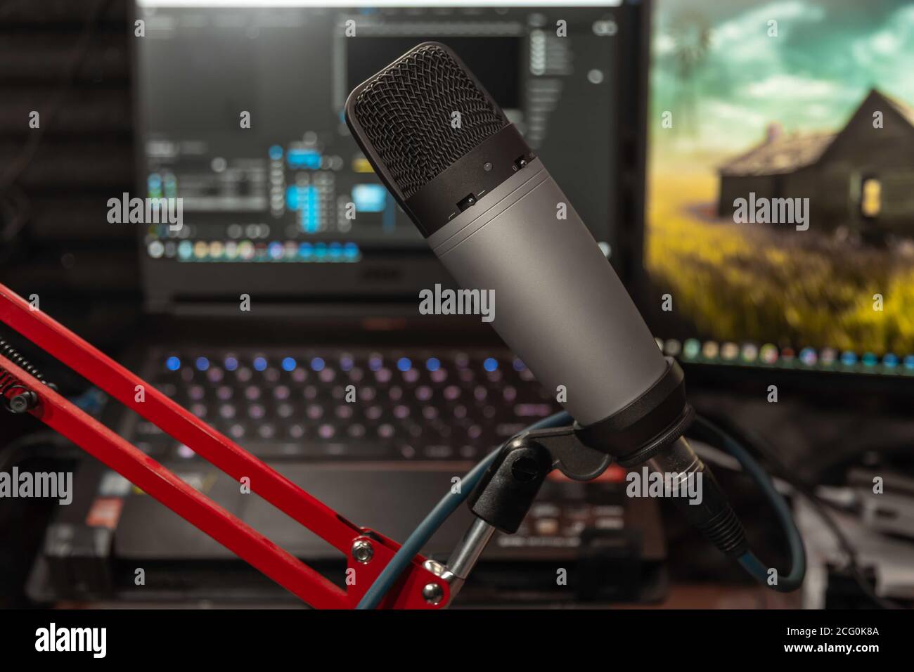 Microphone and computer at studio Stock Photo - Alamy