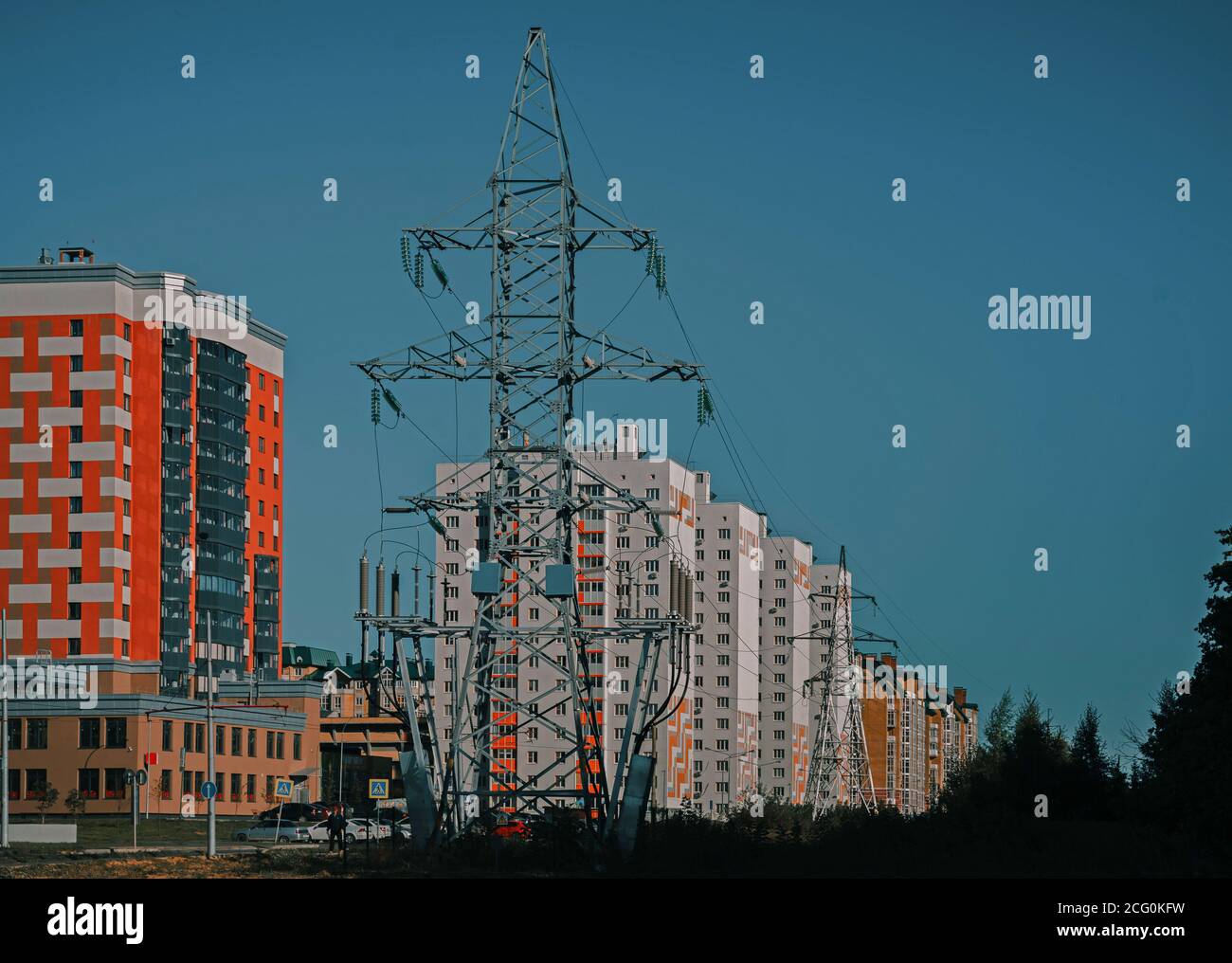 Two power line towers in new urban district of Kazan Stock Photo - Alamy
