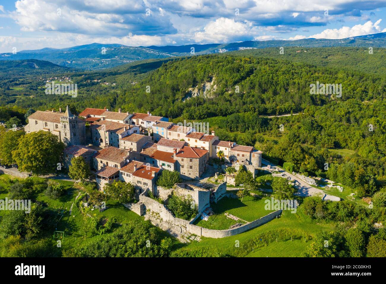 Aerial view of Hum, the smallest town in the world, Istra, Croatia ...