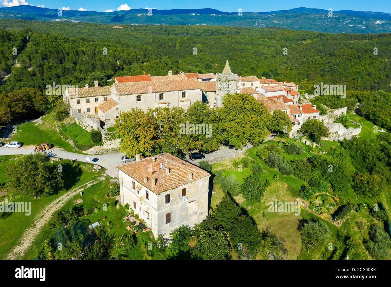 Aerial view of Hum, the smallest town in the world, Istra, Croatia ...