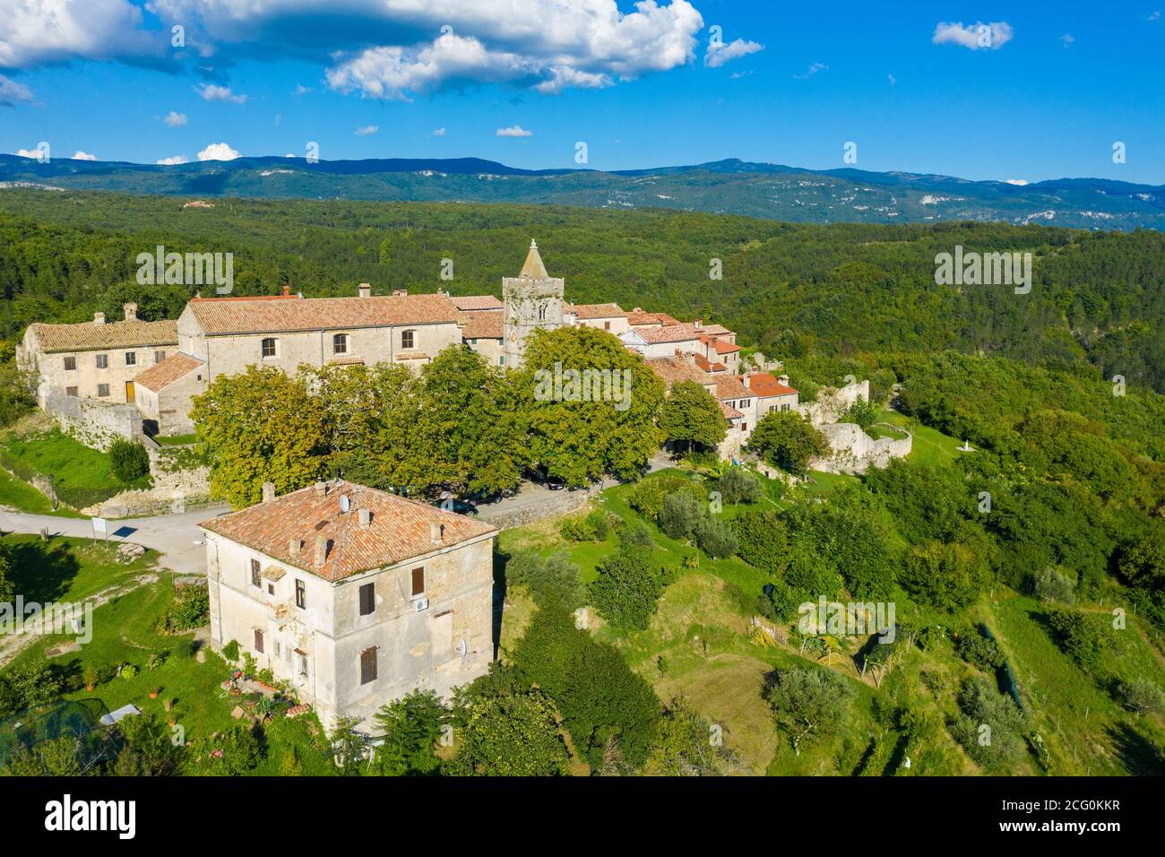 Aerial view of Hum, the smallest town in the world, Istra, Croatia ...