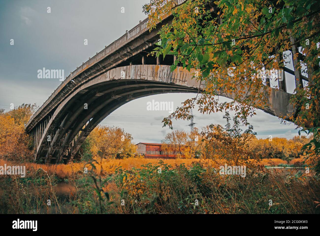 Abandoned arched bridge among the autumn trees. Arched cement bridge ...