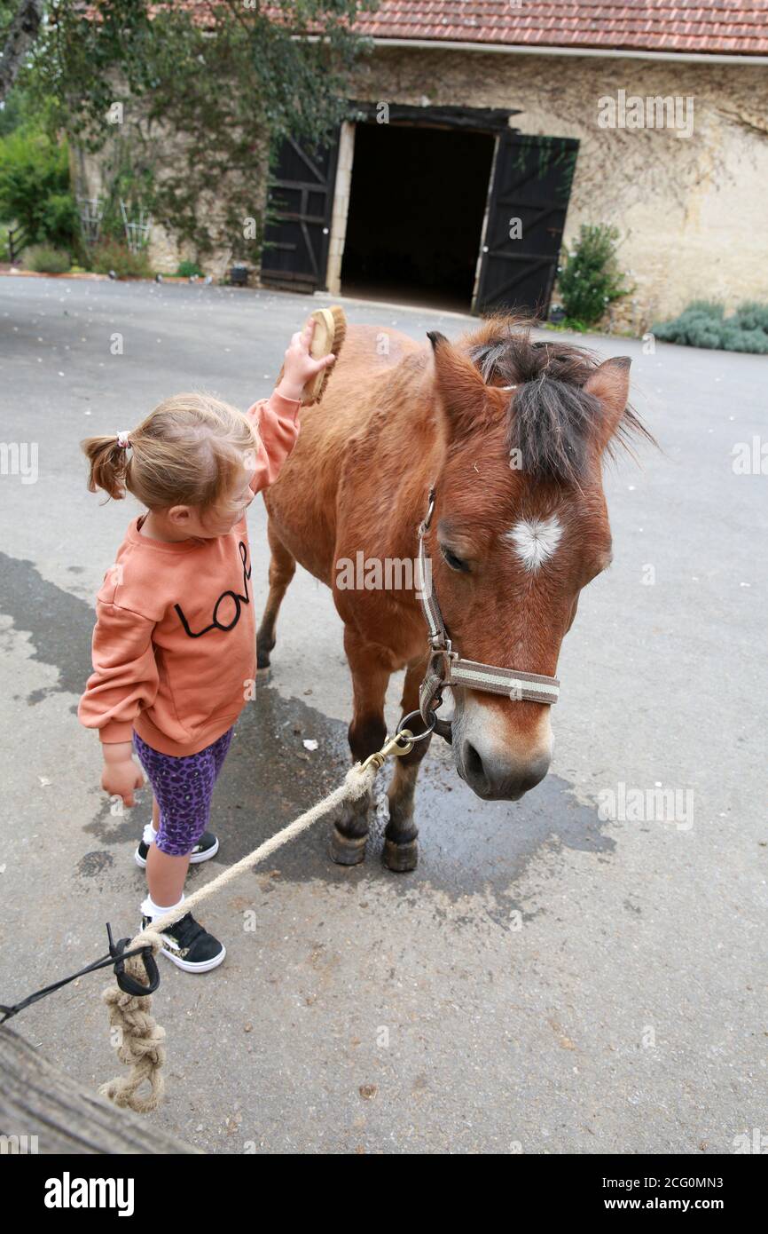 Little girl pony riding at a stables, France Stock Photo - Alamy
