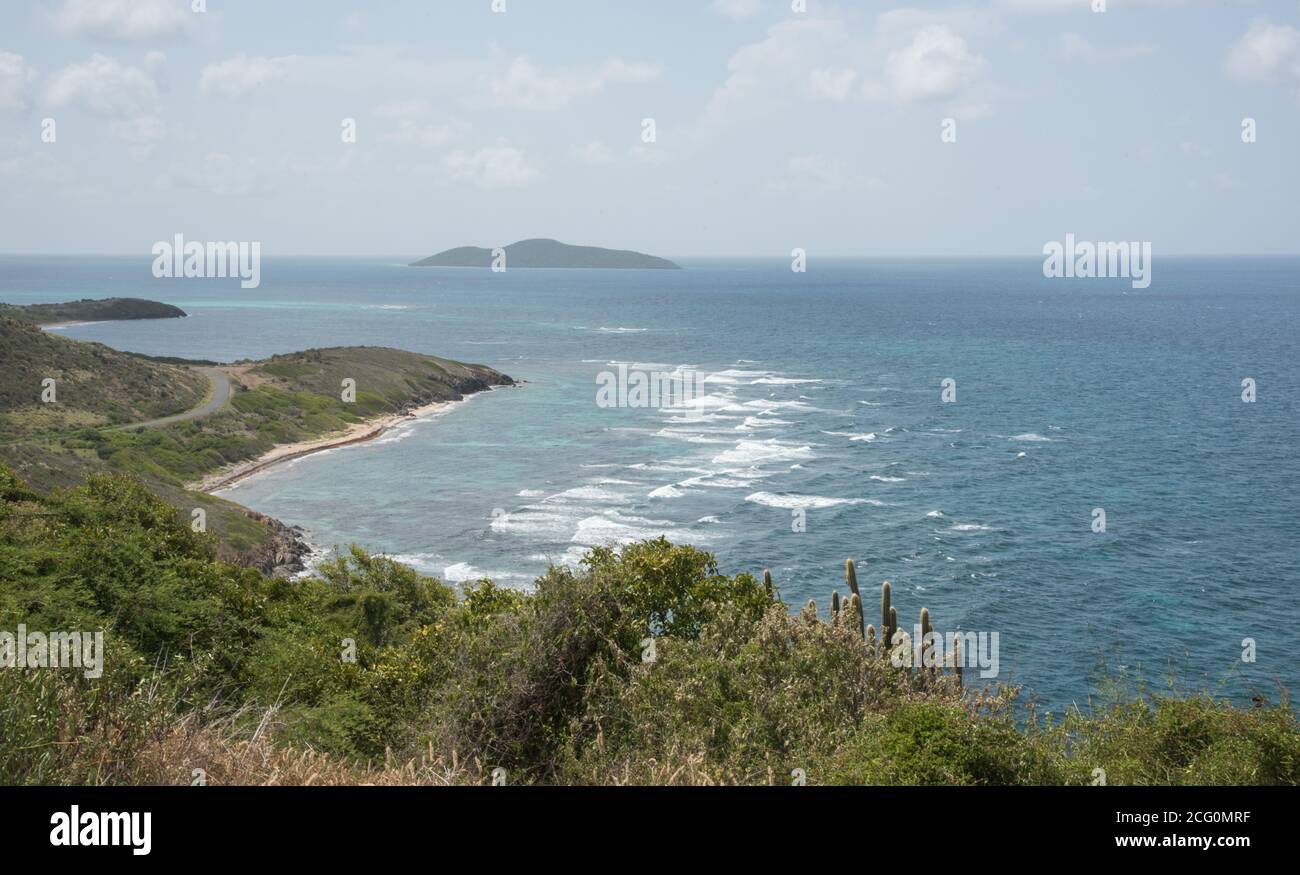 Elevated view over the Caribbean Sea, including Buck Island, on the ...