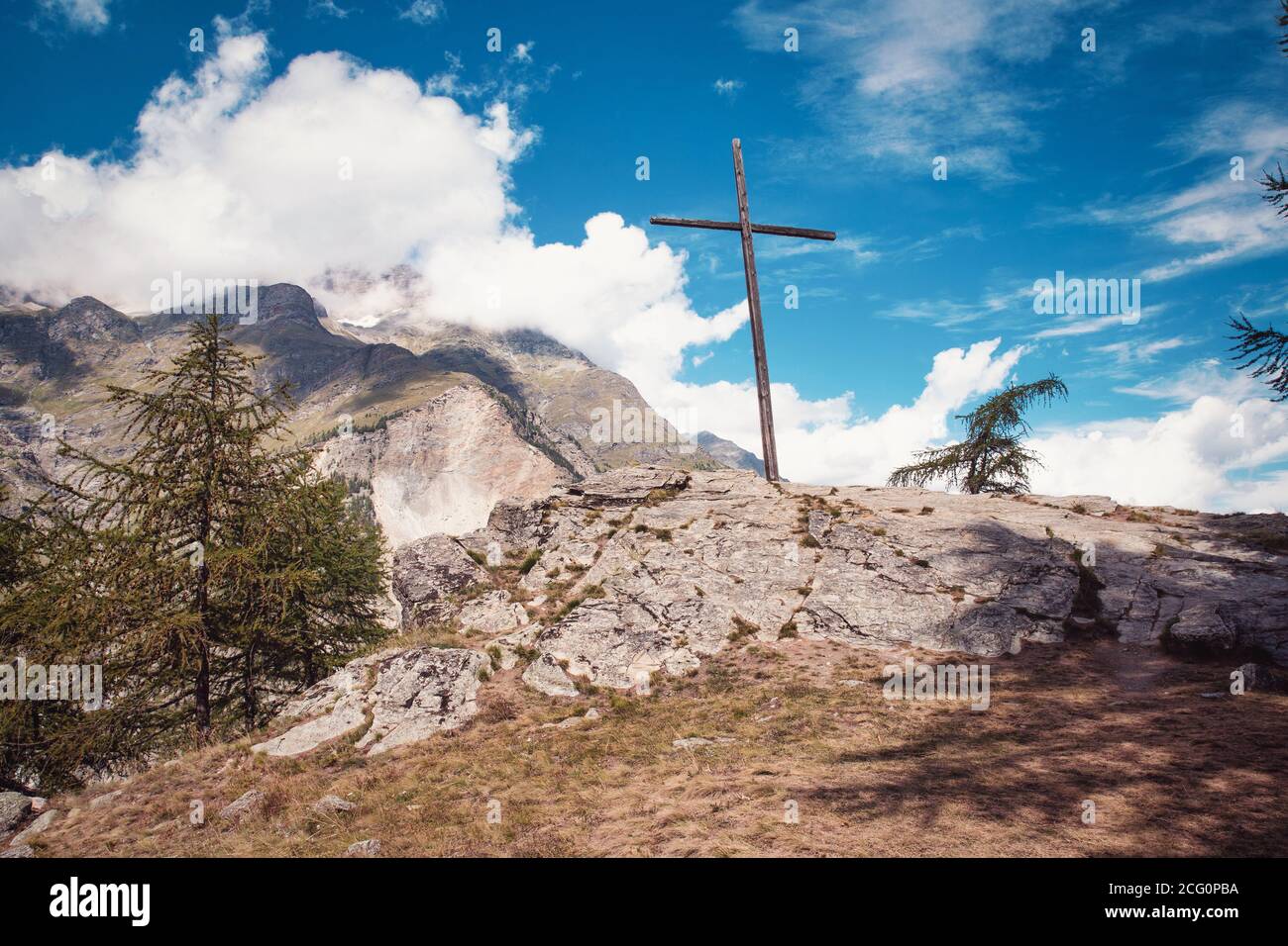 Alpine Cross. An alpine landscape containing a large wooden cross ...